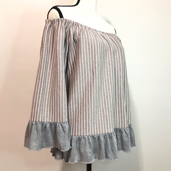 THML | Tops | Thml Off Shoulder Stripe Knit Ruffle Stretch Top M | Poshmark